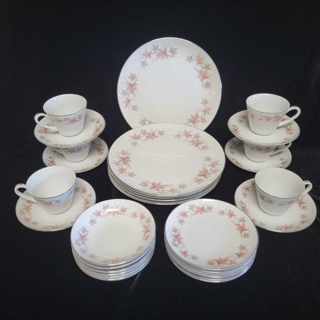 30 Piece Style House China WINDSOR Pattern-pink & Grey Leaves, Platinum ...