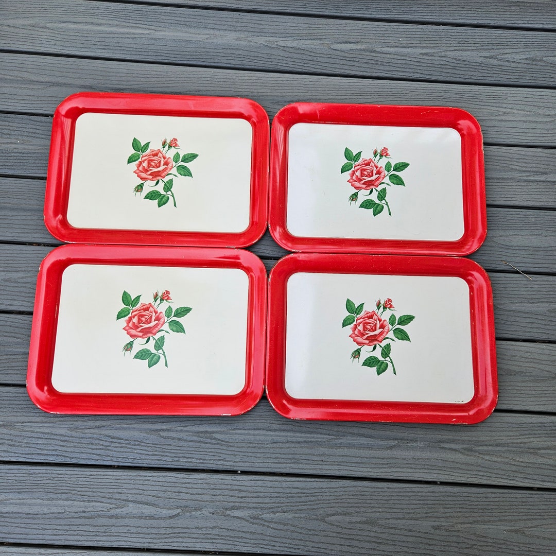 Set of 4 Vintage Metal TV Trays, Lap Trays-red With Roses - Etsy