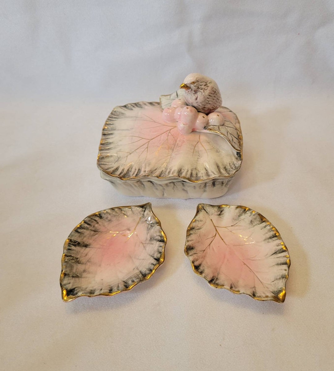 Ucagco Ceramics Cigarette Box Trinket Dish-bird With Berries Leaves ...