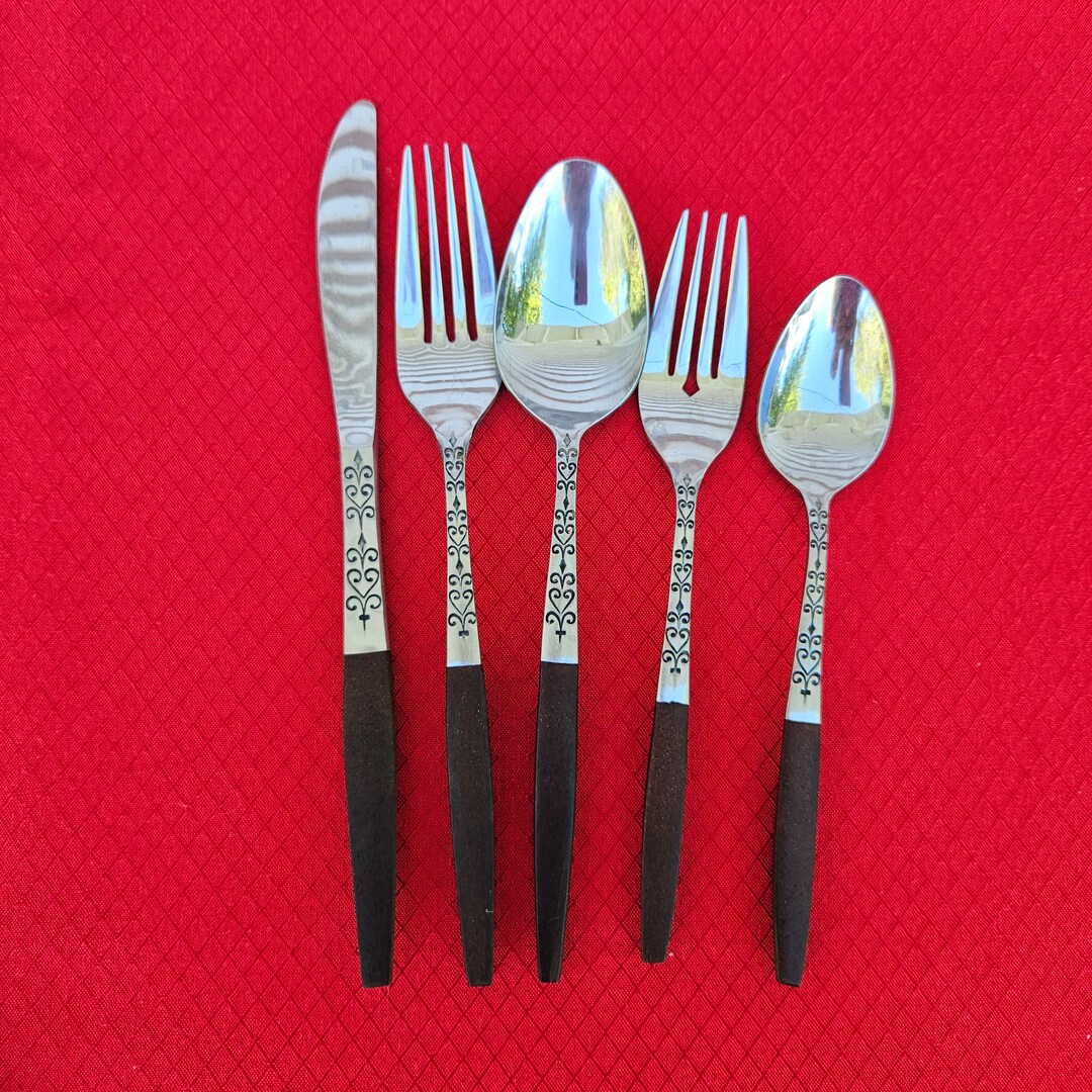 22 Piece Vintage Interpur INR2 Stainless Flatware, Faux Wood Handles ...