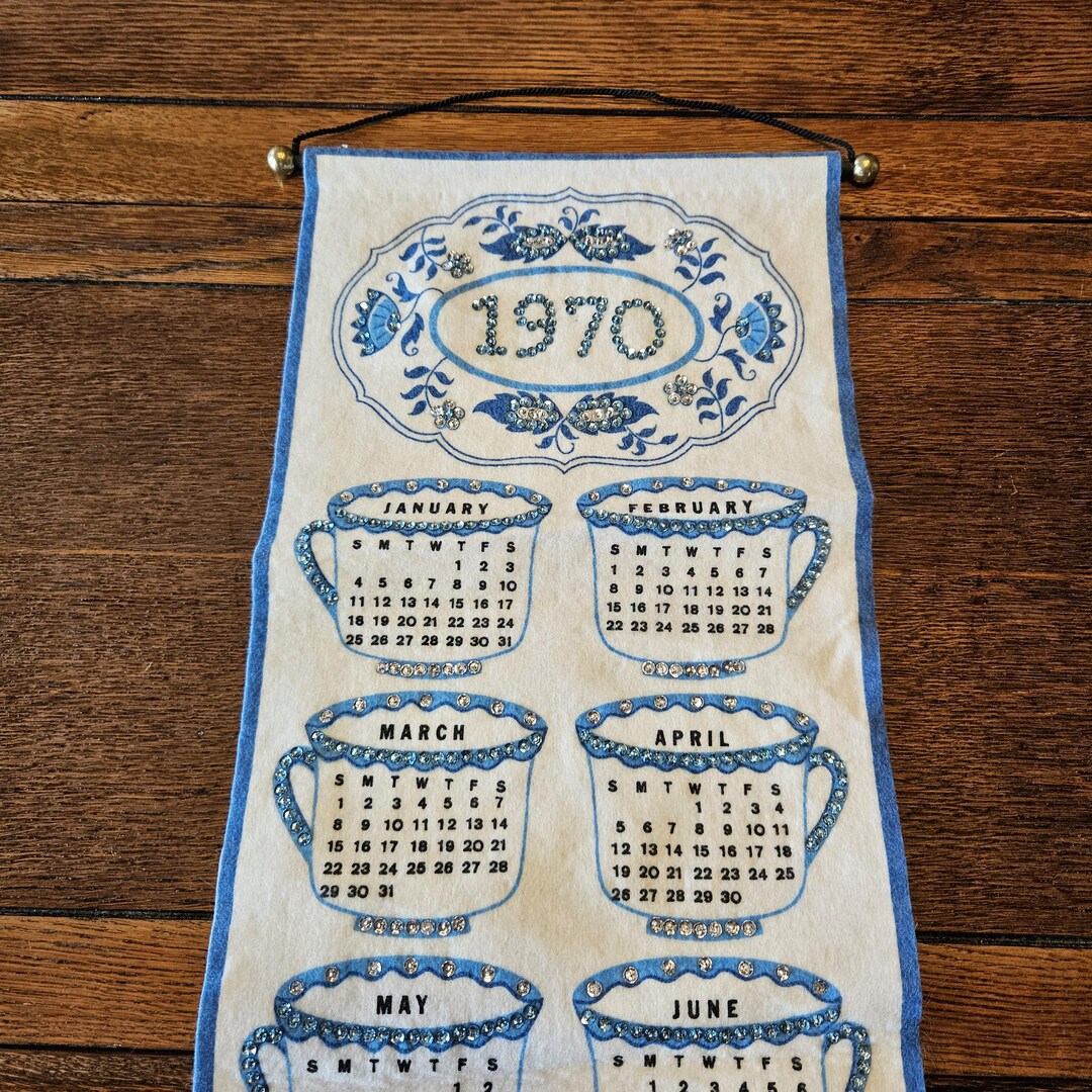 Vintage 1970 Blue Teacup Calendar Wall Hanging- Felt, Sequin & Beads - Etsy