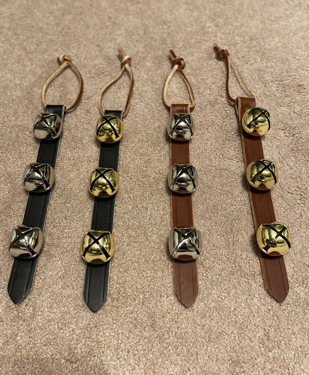 SLEIGH BELLS LEATHER 3 Bells Hanging on Leather Brown on Leather Strap ...