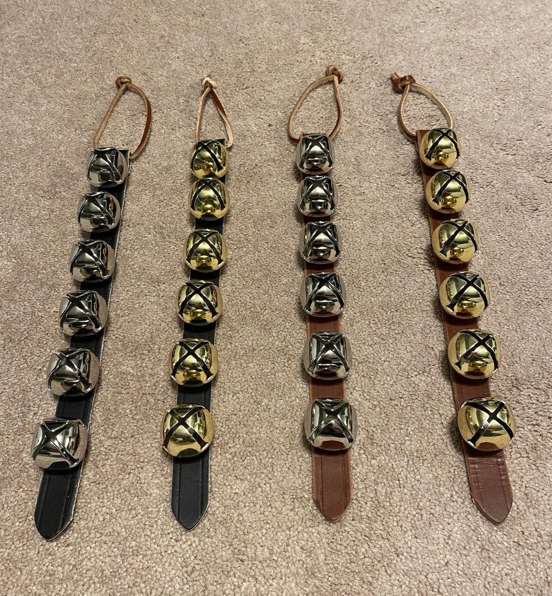 SLEIGH BELLS LEATHER 6 Bells Hanging on Leather Brown on Leather Strap ...