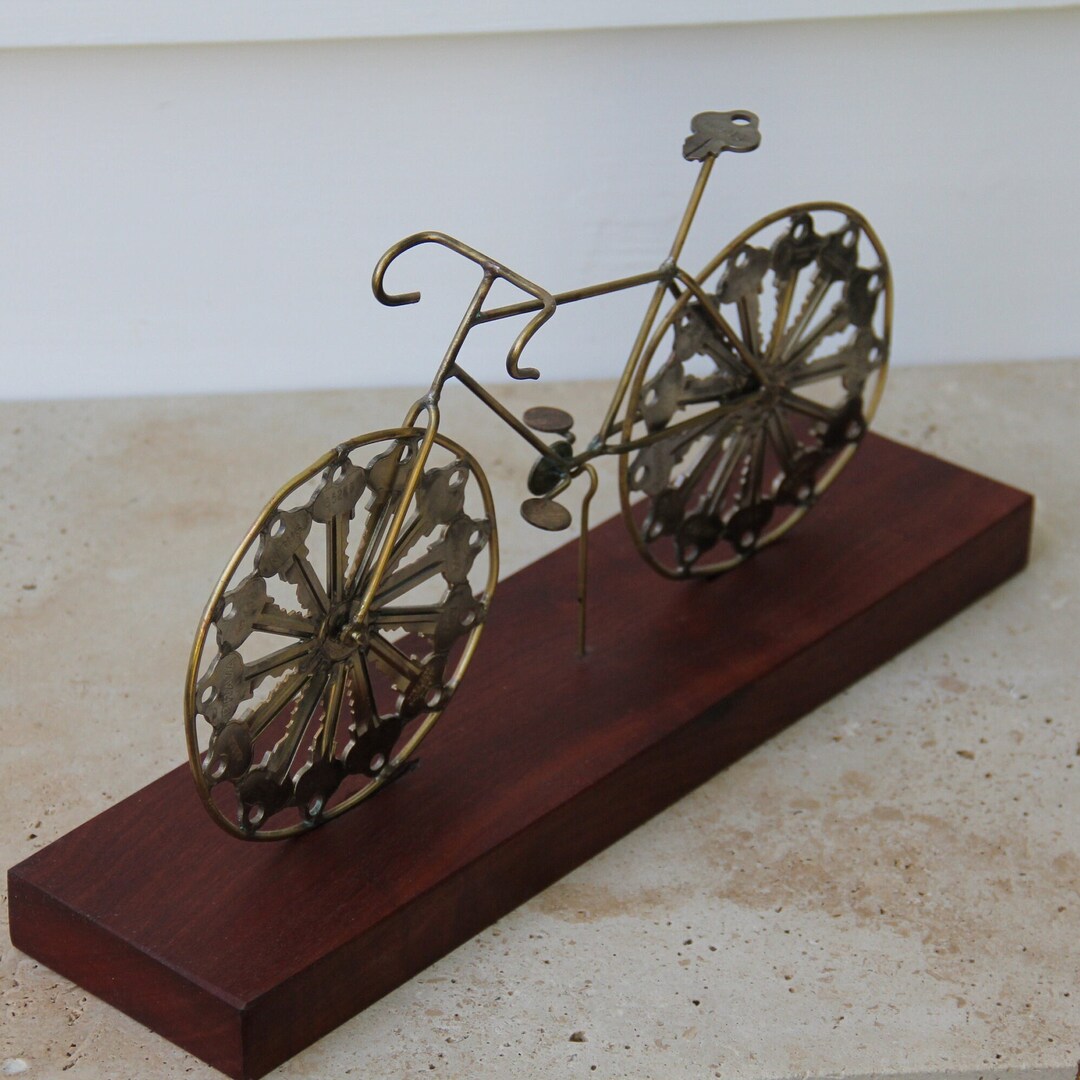 Brass Key Bicycle Sculpture: Steampunk Bike Art on Red Gum Stand - Etsy