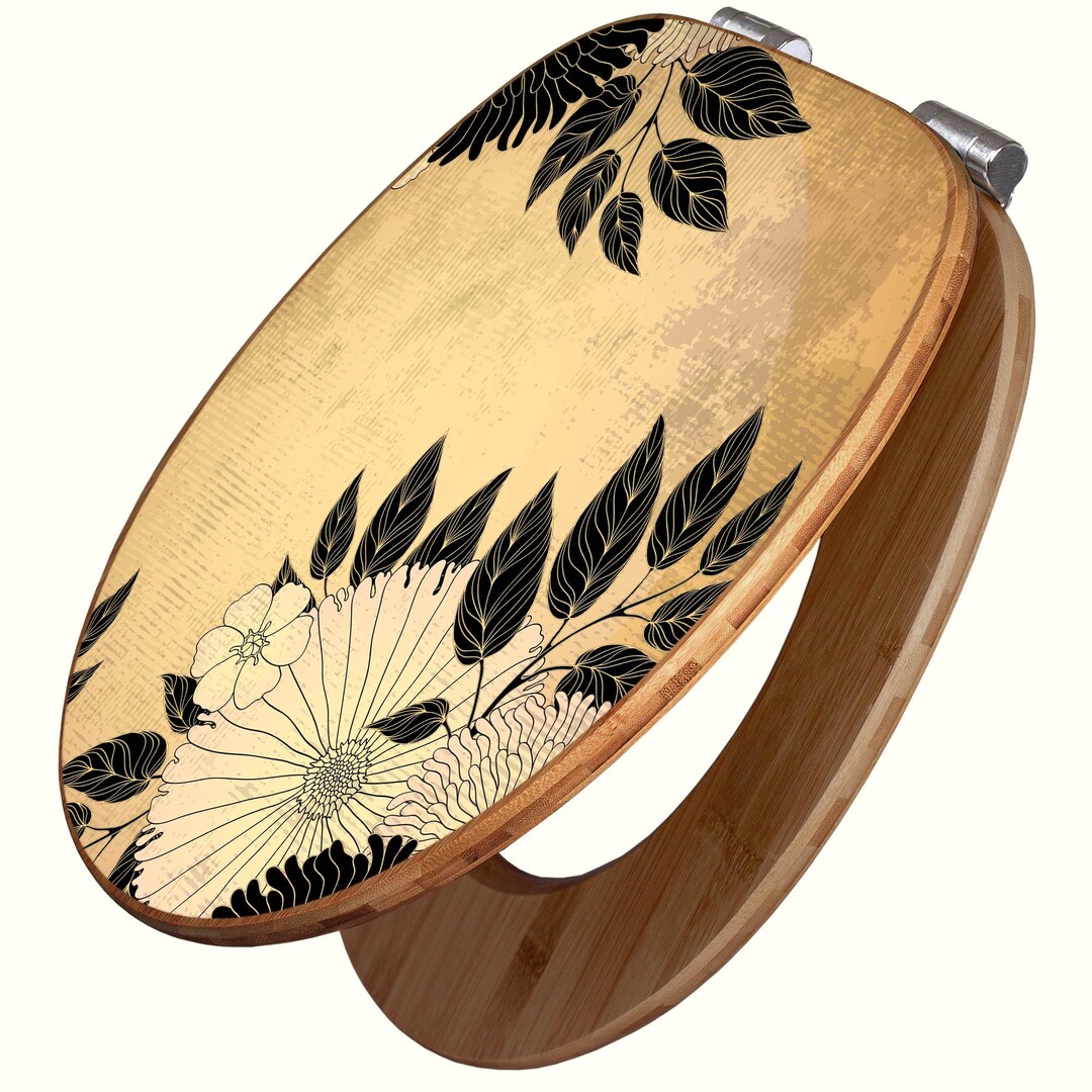 Premium Bamboo Toilet Seat With Soft-close Mechanism and Motif Floral ...