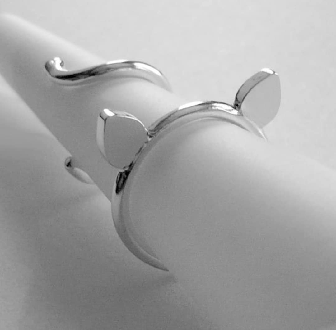 Handmade Recycled Sterling Silver Cat Ears Ring With Mid Finger Tail ...