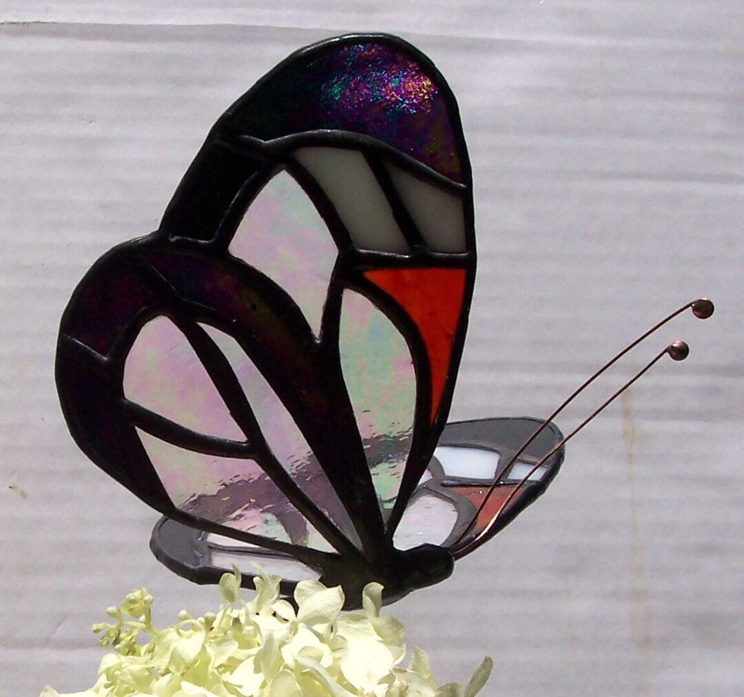 Stained Glass Glasswing Butterfly Plant Stake, 3-D Sun Catcher, Greta ...
