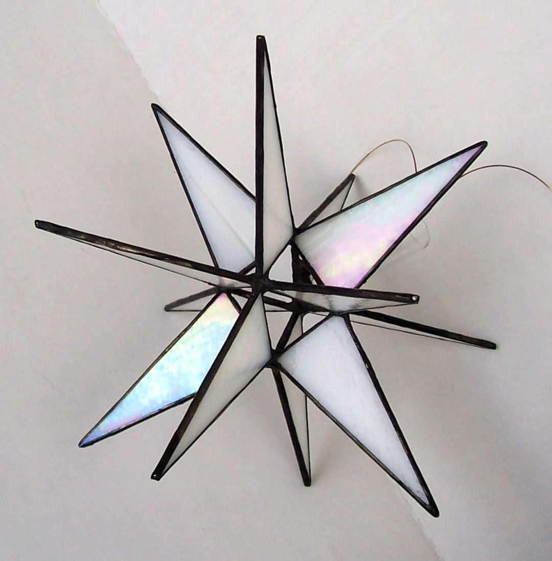 Lg. Stained Glass Tree Topper, Iridescent White Glass, Moravian Star ...