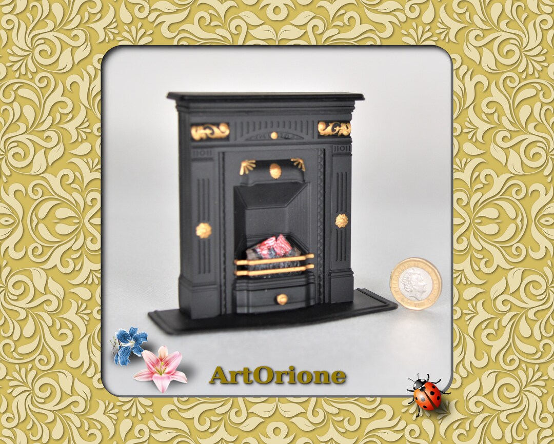 1/12 Scale Miniature Dollhouse Cast Fireplace 3V Battery Flickering LED ...