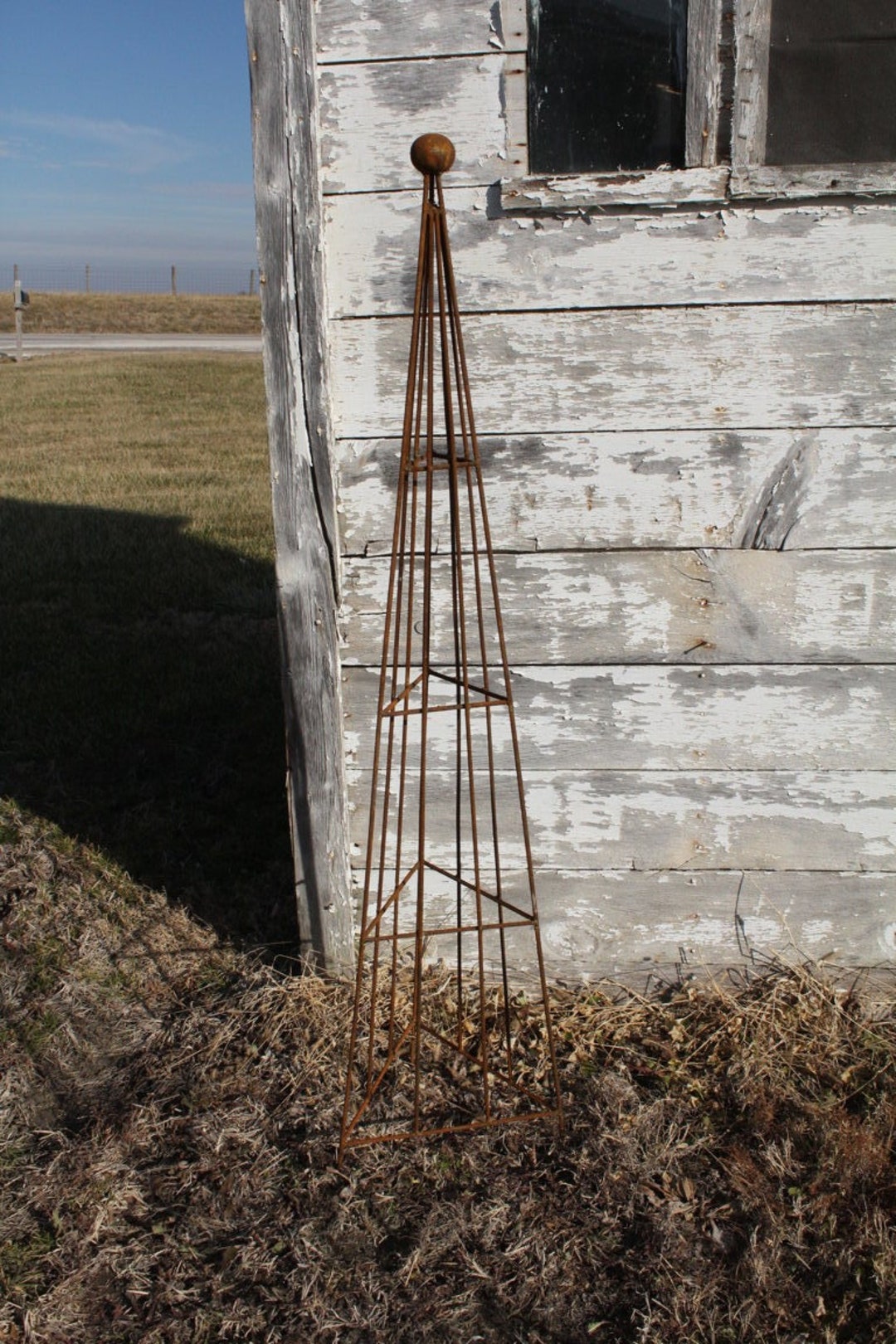 Wrought Iron 54" Ball Top Triangle Topiary Flower Trellis, Metal Plant ...