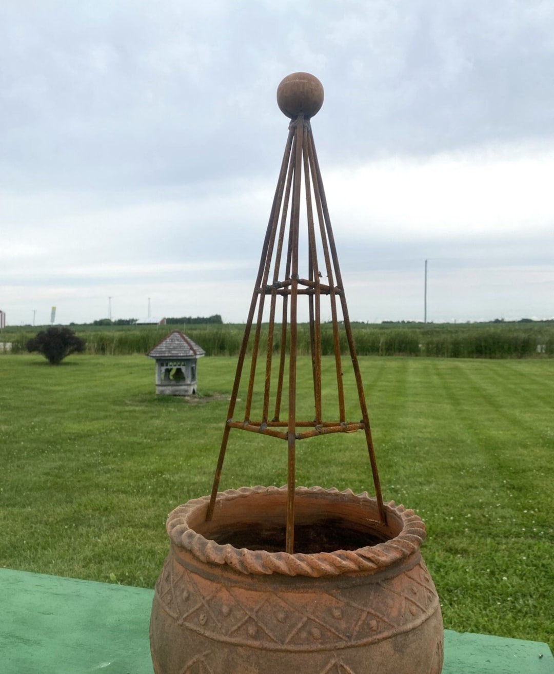 Wrought Iron Ball Top Triangle Plant Trellis, Rustic Garden Sculpture ...