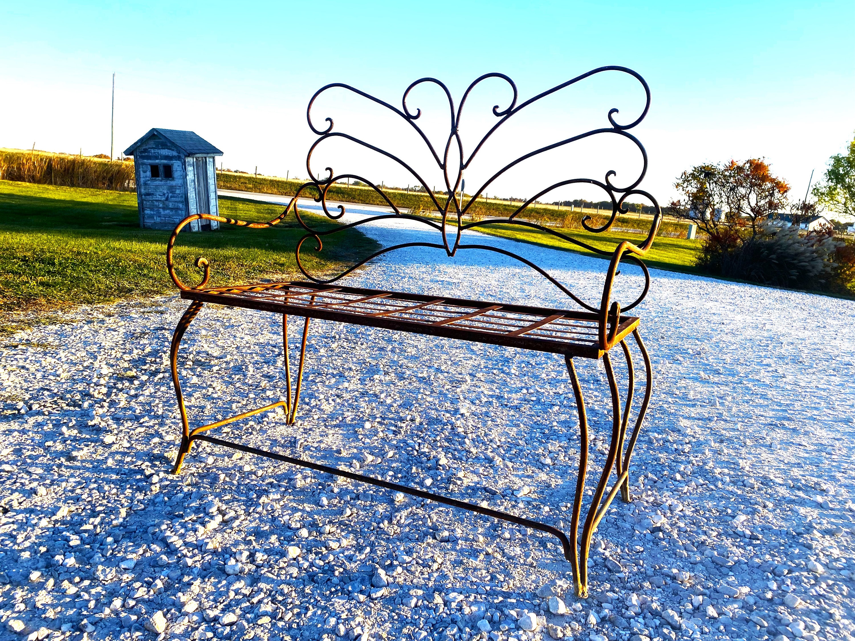 Wrought Iron Lg Butterfly Garden Bench Strap Seat Outdoor Lawn Furniture Neat Patio Porch Seating Etsy