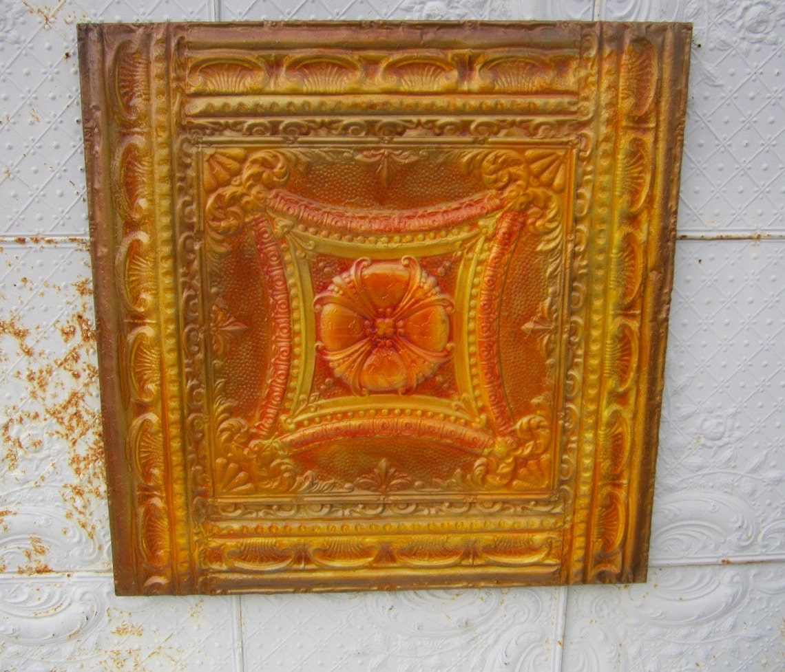 38" Wall Art Antique Ceiling Tiles & Vintage Relics in Colors of Orange ...