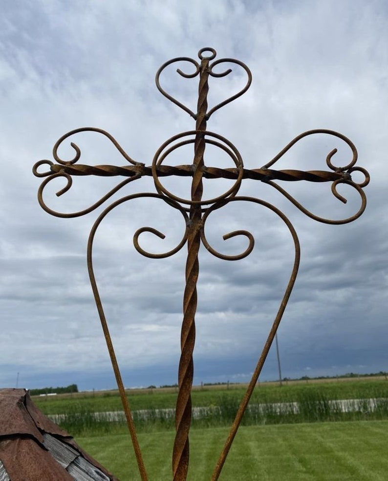 Wrought Iron Heart Cross Decorative Yard Stake Rustic Metal - Etsy