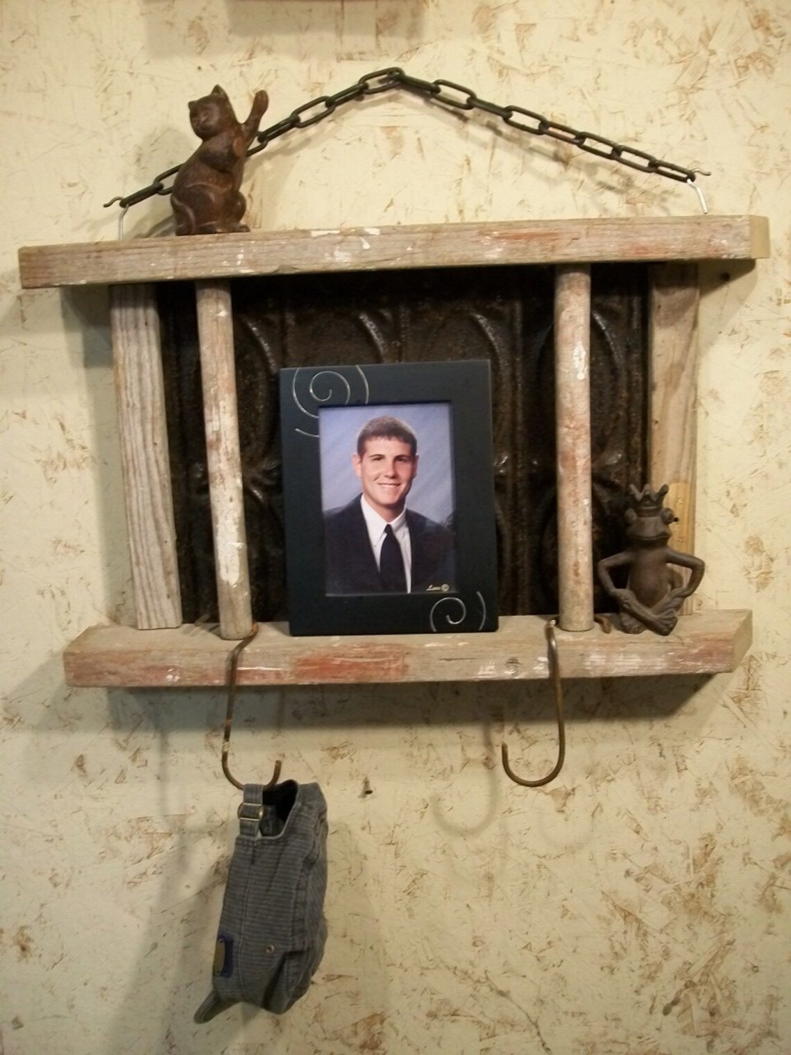 Hanging Ladder Shelf - Memo Board - Re-purposed Ceiling Tin Wall ...