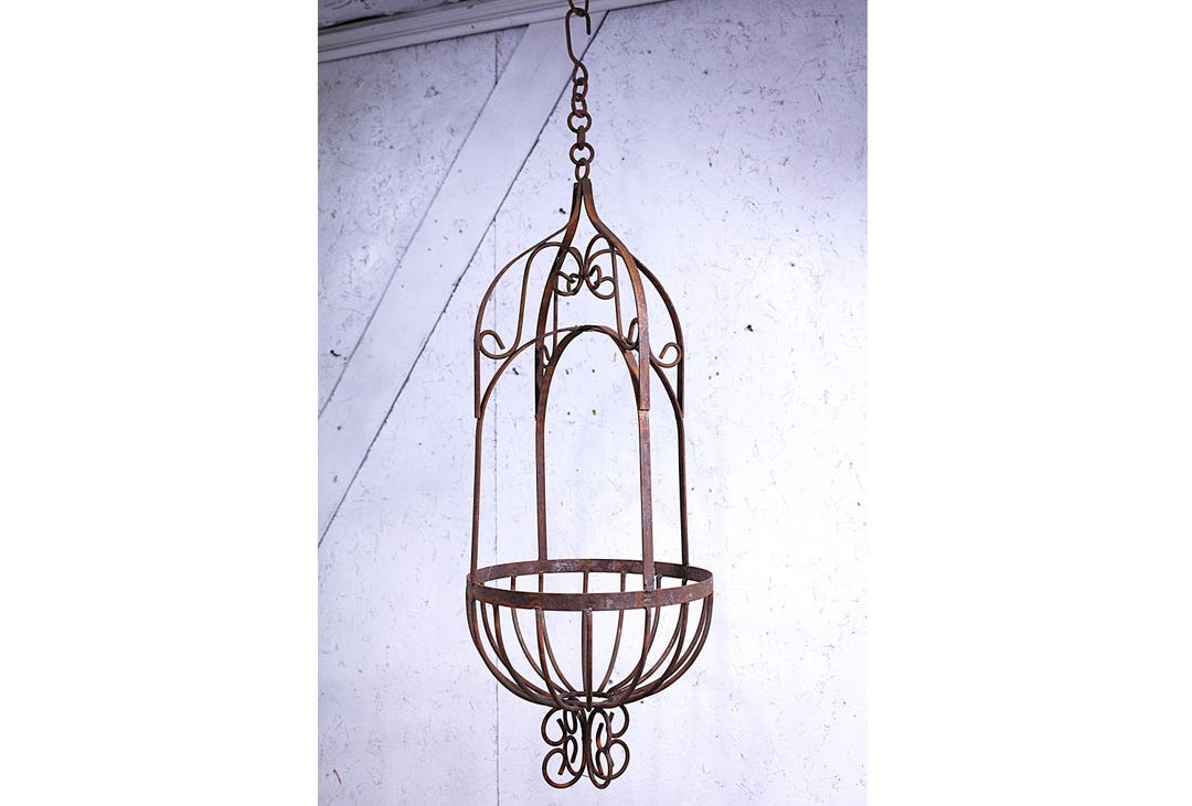 Wrought Iron Curly Victorian Hanging Planter Basket, Rustic Outdoor ...