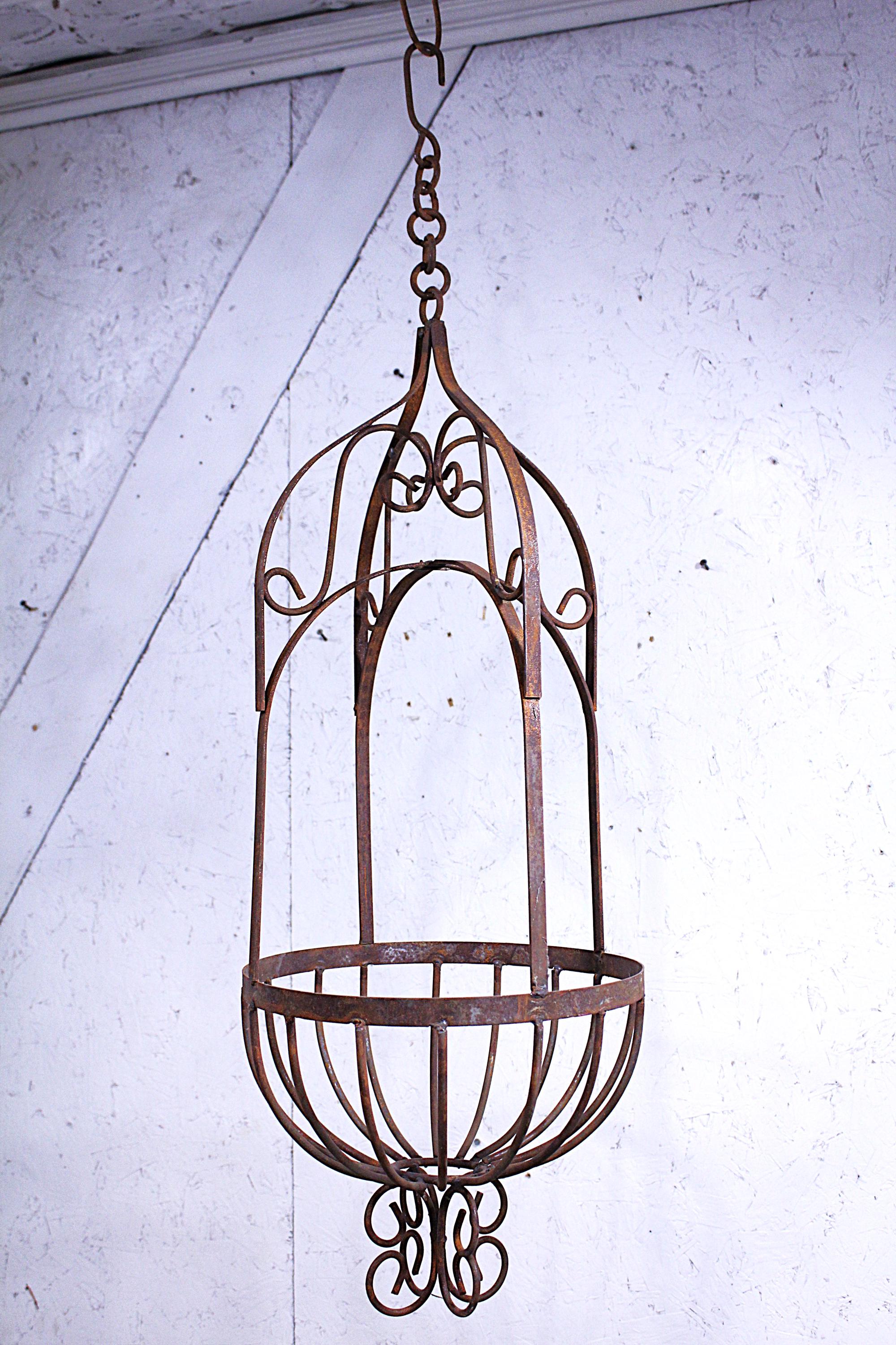 Wrought Iron Curly Victorian Hanging Planter Basket, Rustic Outdoor ...