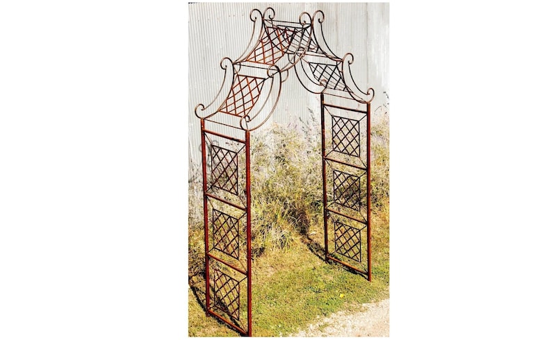 Wrought Iron Curl Drape Flower Garden Arbor, Colonial Red Vine Trellis ...