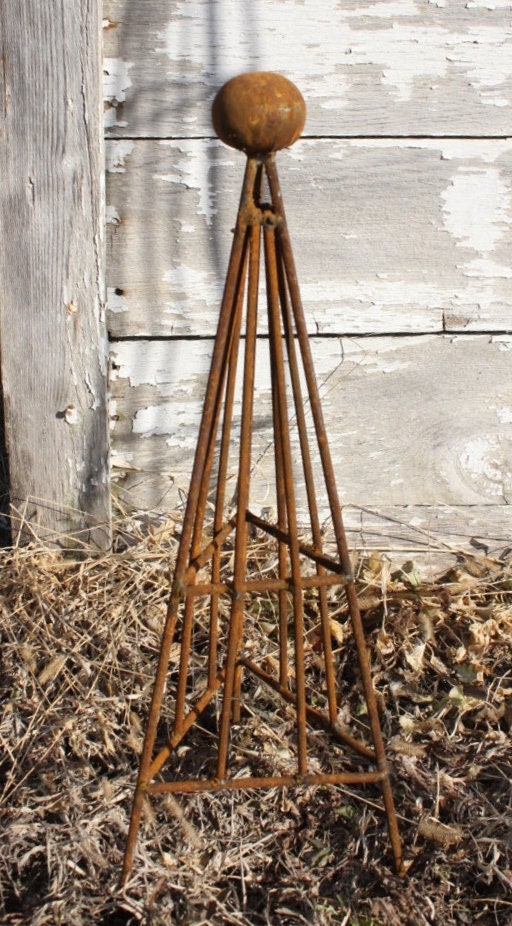 Wrought Iron Ball Top Triangle Plant Trellis, Rustic Garden Sculpture ...