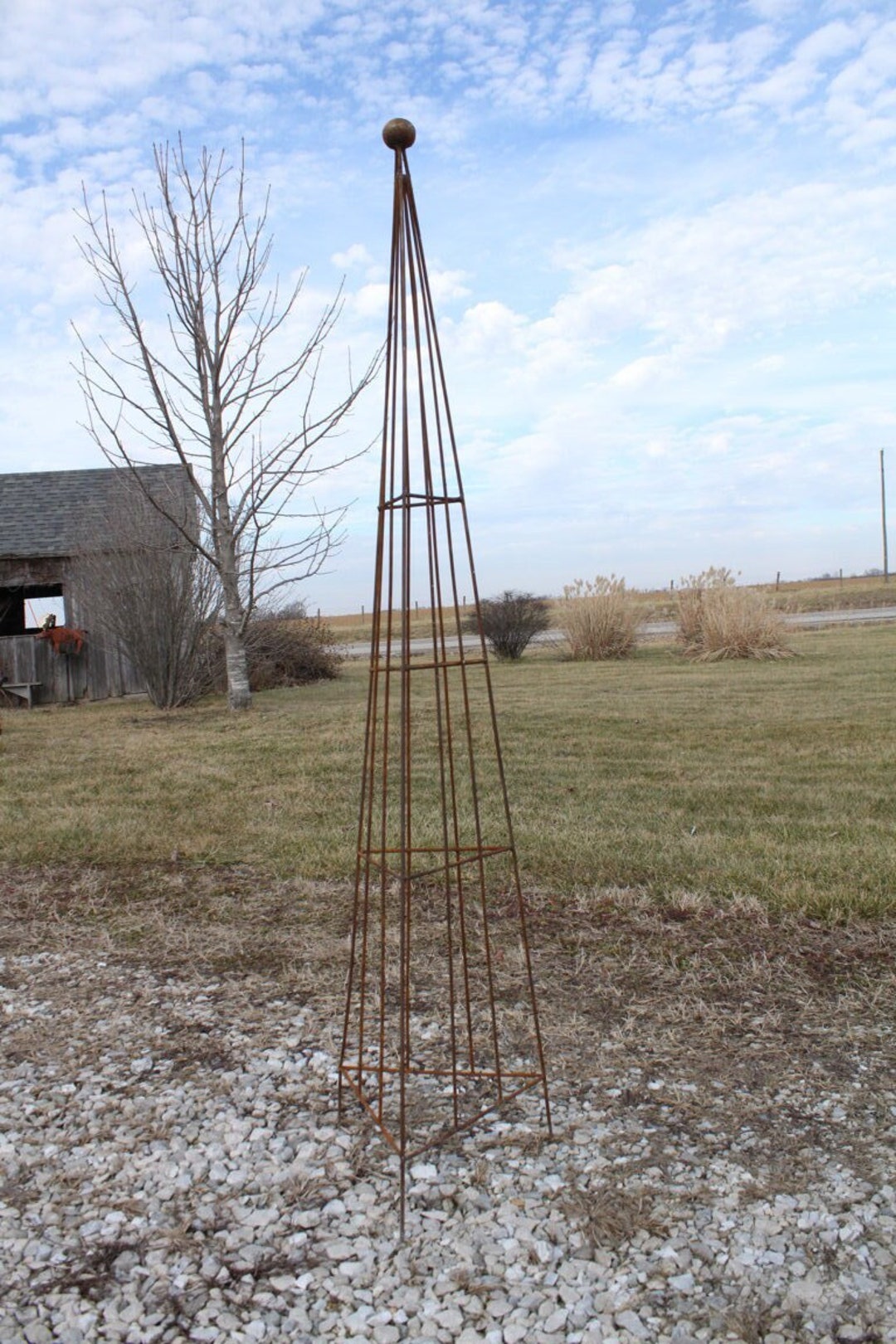 Wrought Iron 65" Ball Top Triangle Topiary Flower Trellis, Metal Plant ...