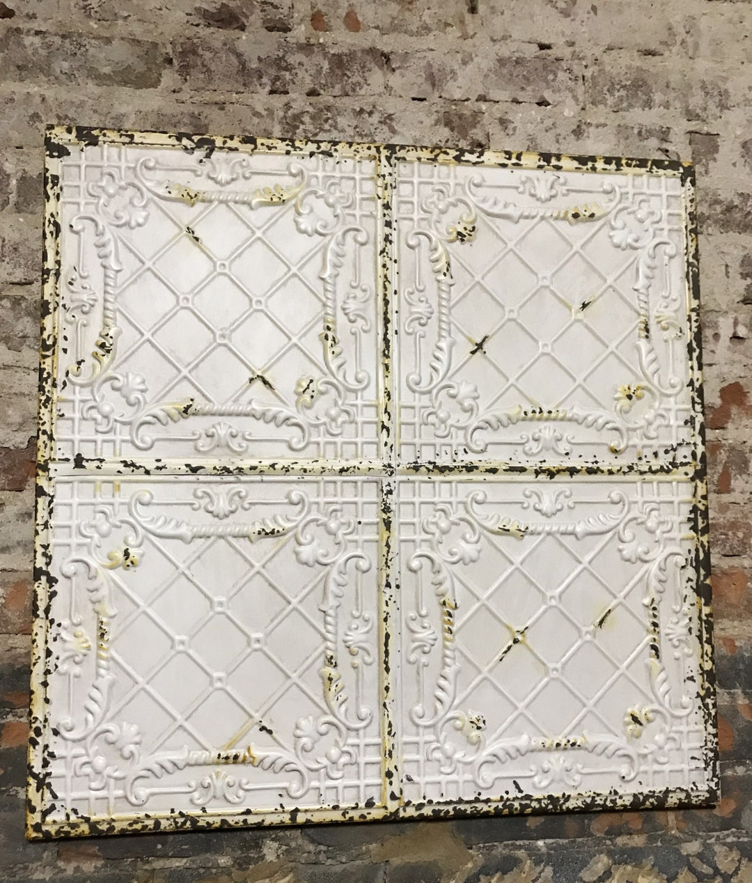 25"sq Wall Art Antique Style Ceiling Tile in Shabby White Finish ...