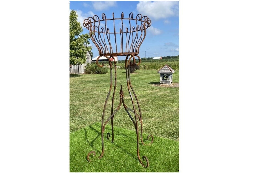 Large Wrought Iron Finial Plant Stand – 40" Rustic Garden Basket ...