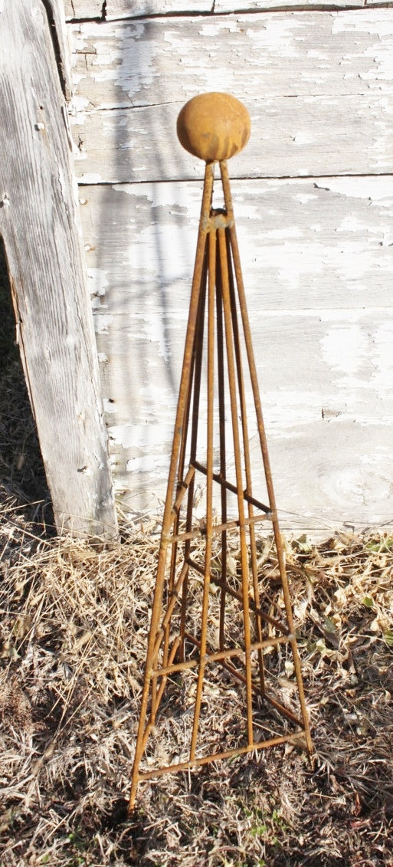 Wrought Iron 31" Ball Top Triangle Topiary Flower Trellis, Rustic ...