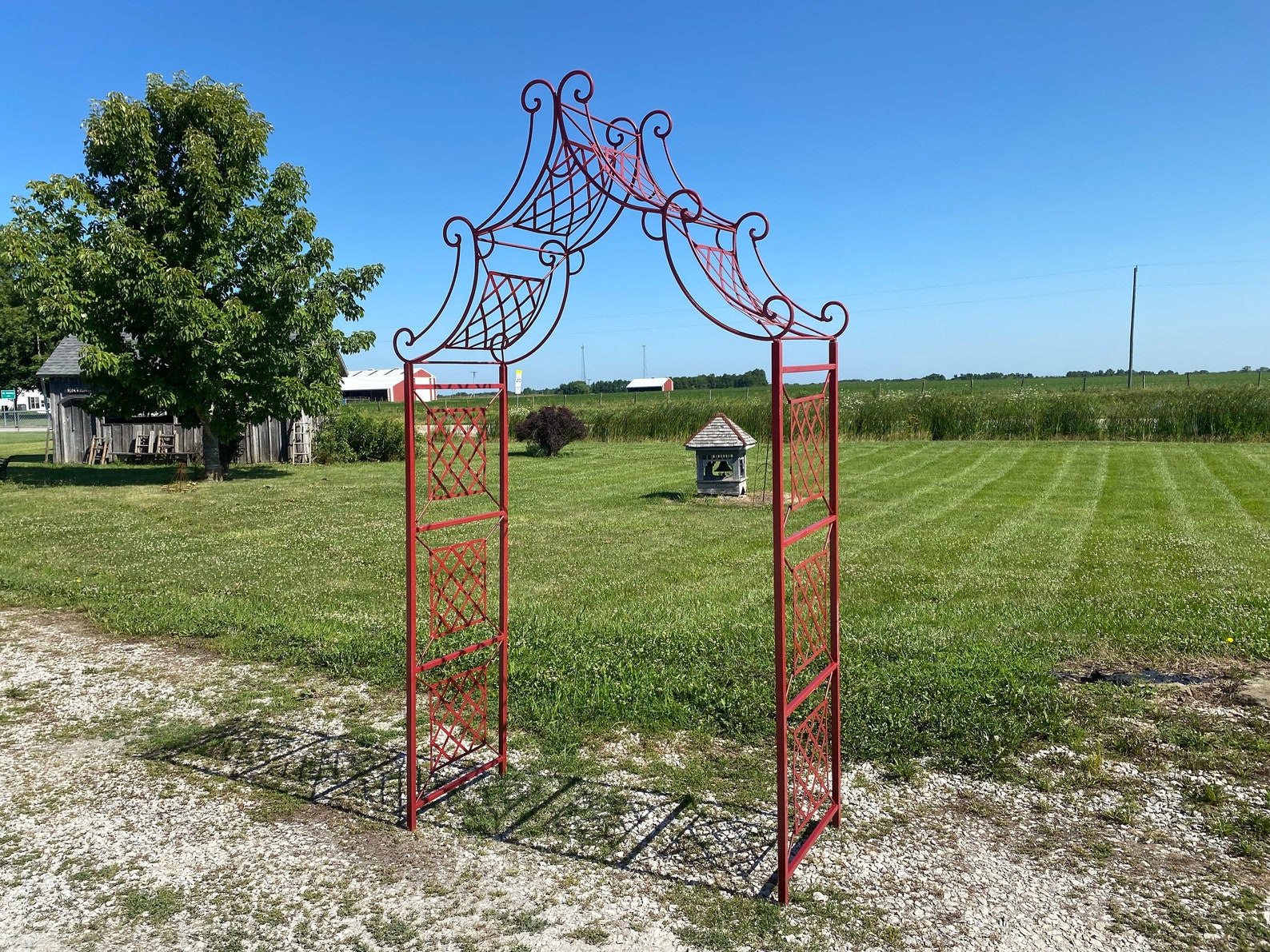 Wrought Iron Curl Drape Flower Garden Arbor, Colonial Red Vine Trellis ...