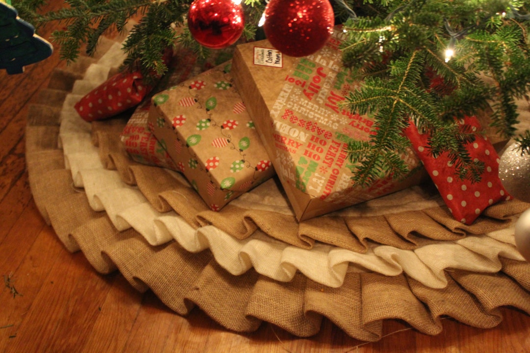 Burlap Christmas Tree Skirt White and Tan, Neutral Country Rustic ...