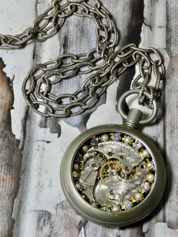 Steampunk altered pocket watch gear necklace - Gem