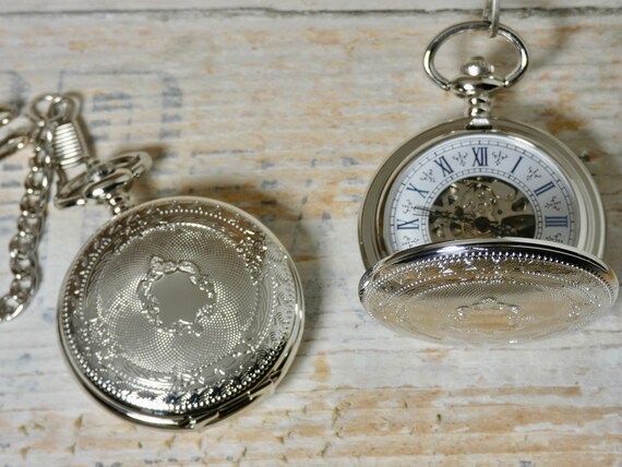 Mechanical Pocket Watch With Fob Silver With Crest Design - Etsy