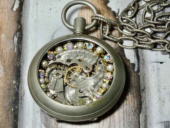 Steampunk altered pocket watch gear necklace - Gem