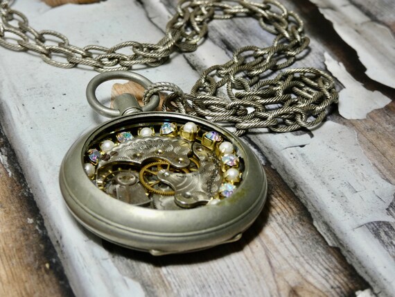 Steampunk altered pocket watch gear necklace - Gem