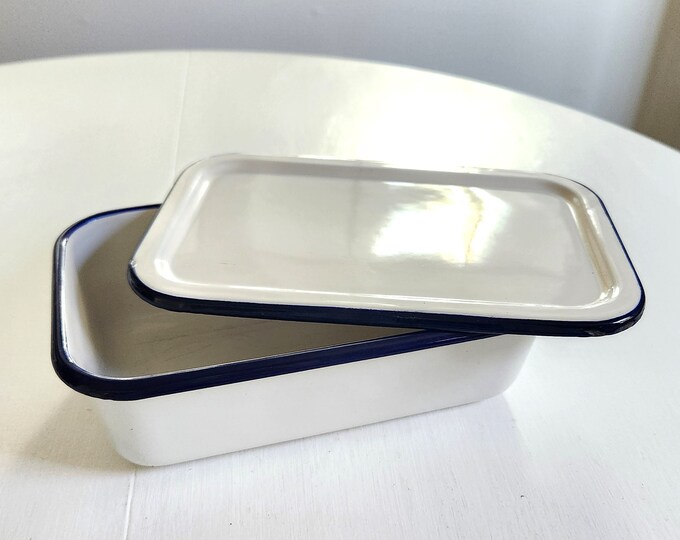 Vintage White & Dark Blue Enamel Box With Lid Antique Refrigerator Food ...