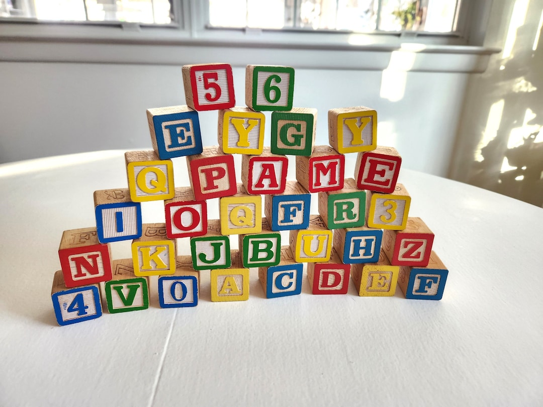 Vintage Wooden Letter & Number Building Blocks -set of 32 - Retro Classic Children's Learning ...