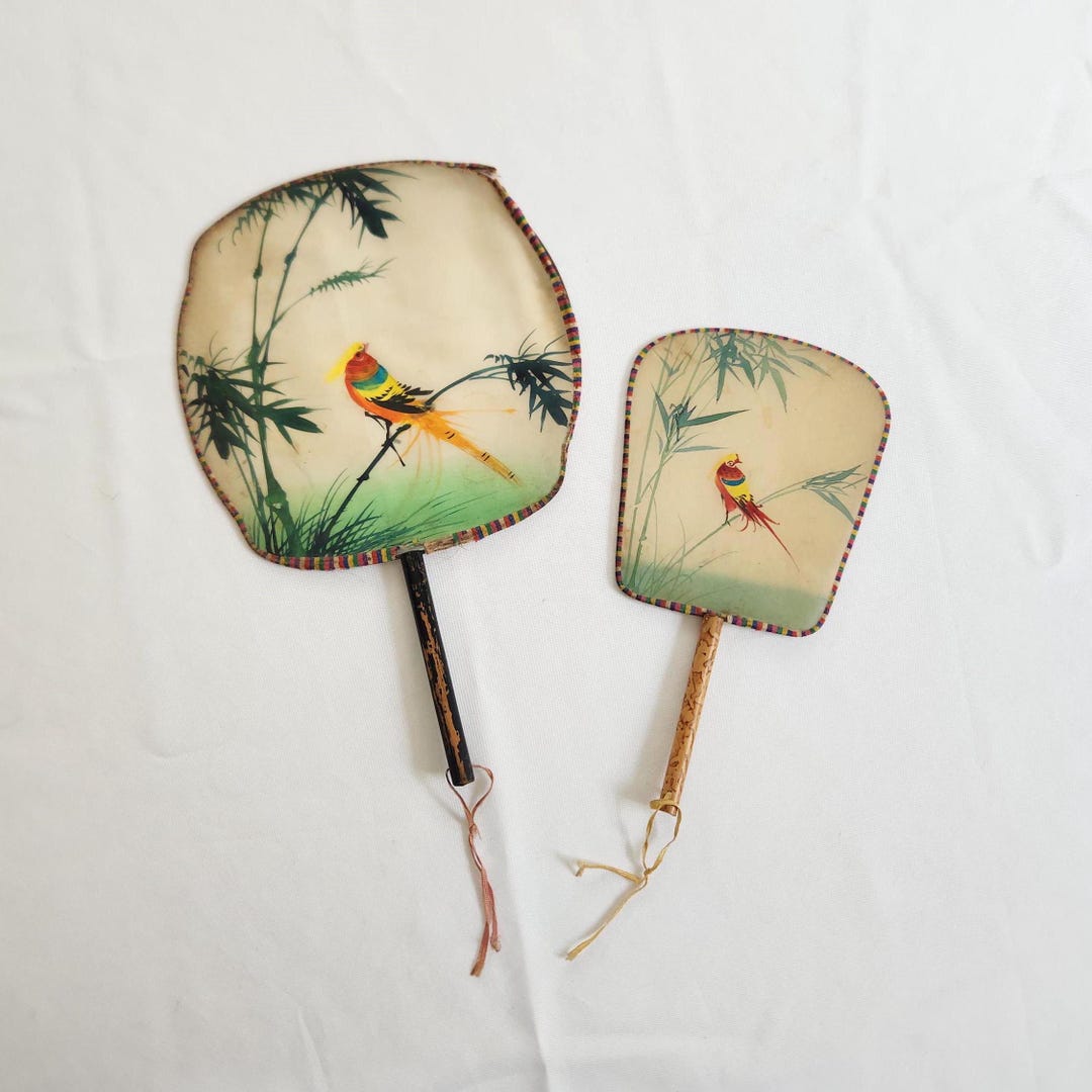 Vintage Hand Painted Birds Silk & Bamboo Hand Fans - Set of Two ...