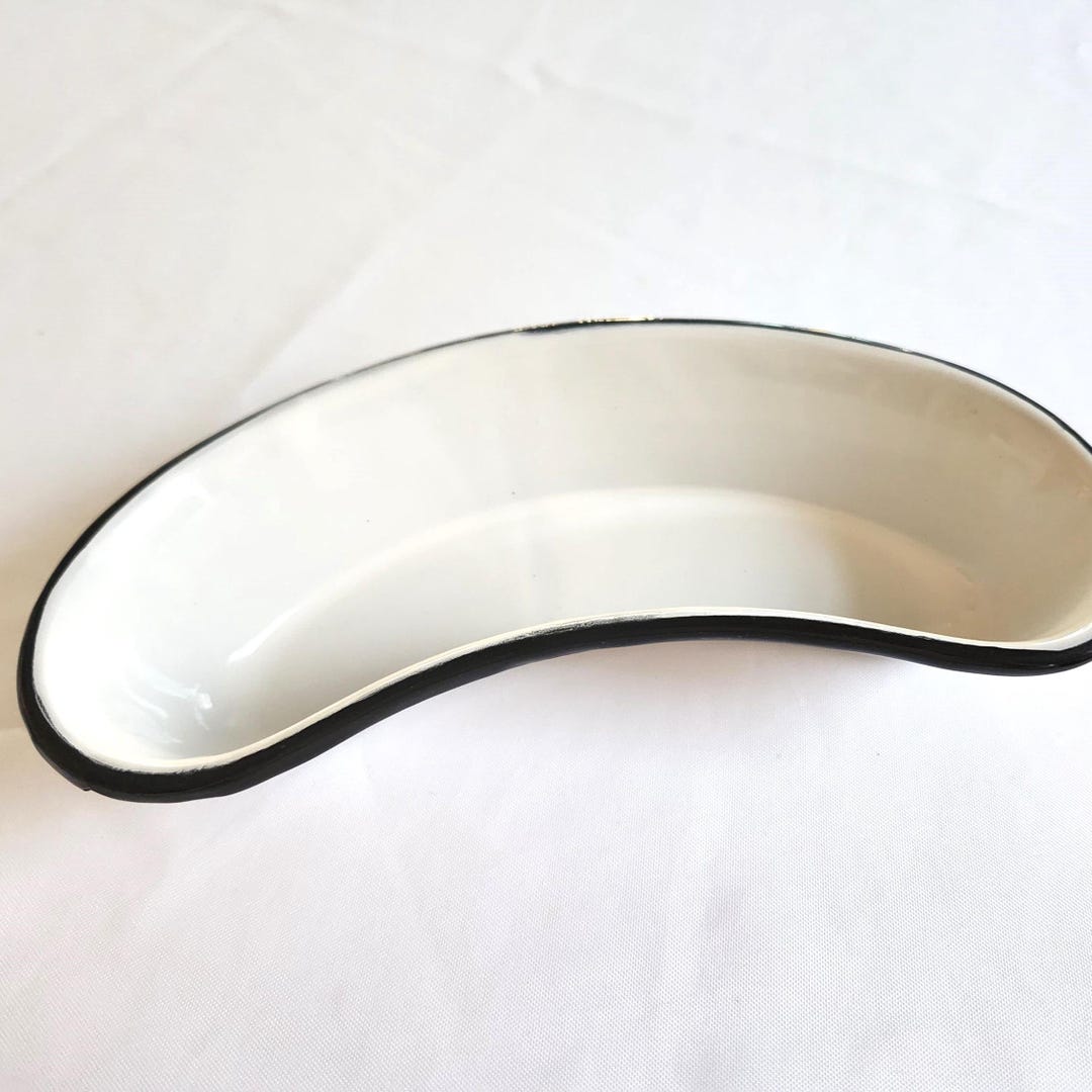Vintage White & Black Enamel Curved Basin --- Retro White Medical ...