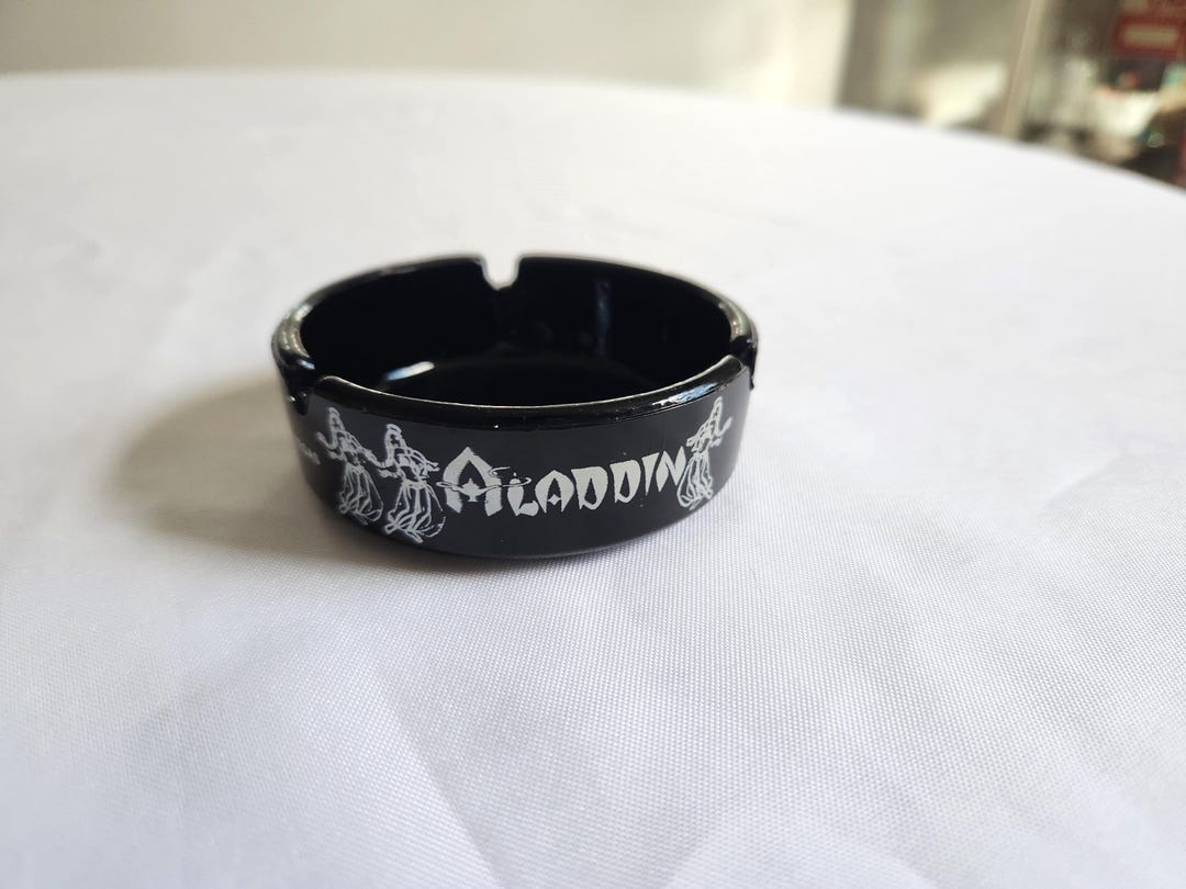 Vintage Aladdin Hotel & Casino Black Glass Ashtray -- Retro Las Vegas ...