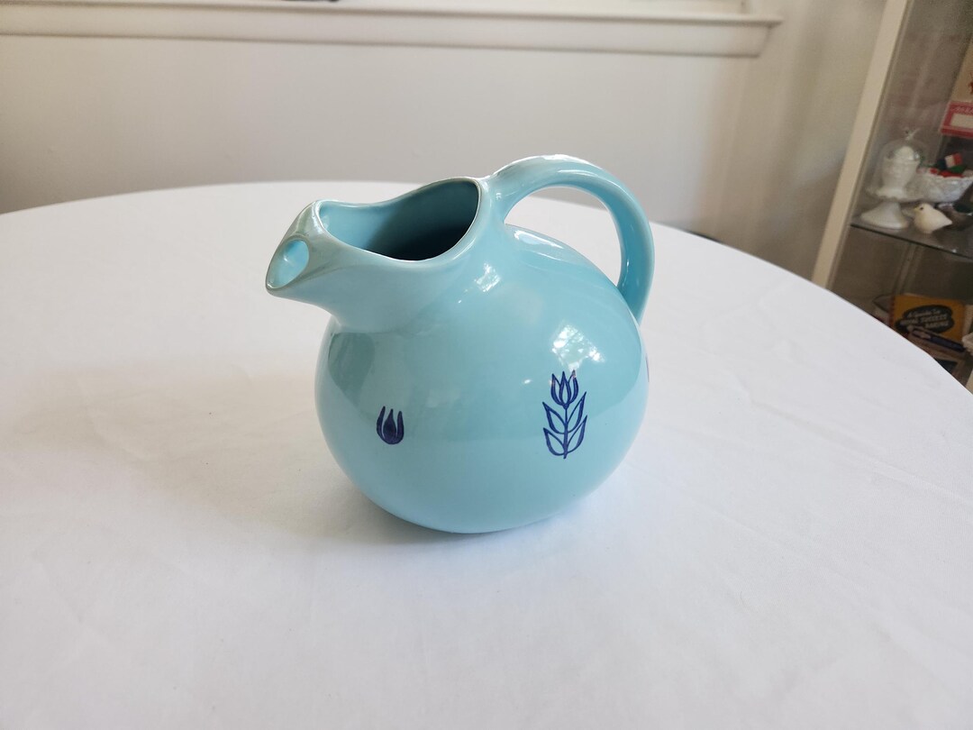 Vintage Blue Folksy Floral Round Ceramic Pitcher --- Retro 1950s Style ...
