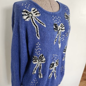 Vintage Worthington Silver Sequins Bows Blue Sweater -- Retro Jazzy Fun Embellished 80s Style ...