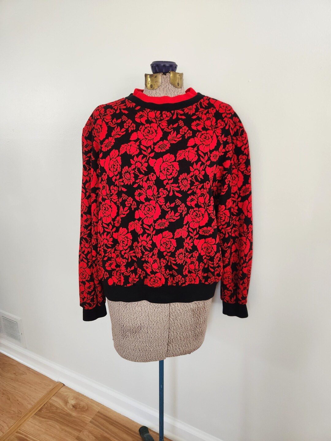 Vintage Cape Cod Sportswear Red & Black Flowers Sweater --- Retro 1980s ...