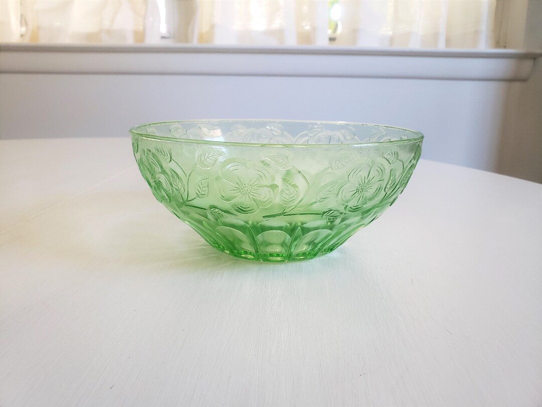 Vintage Clear Green Glass Flower Embossed Bowl -- Retro Depression ...