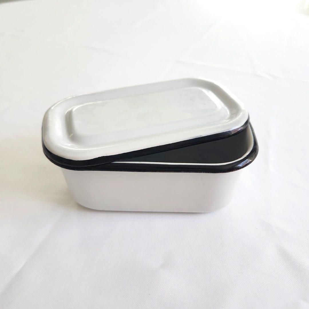 Vintage White & Black Enamel Box With Lid --- Antique Refrigerator Food ...