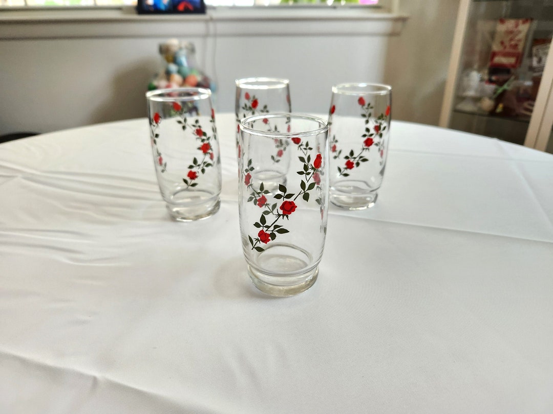 Vintage Red Rose Glasses - Set of Four - Retro Floral Drinking ...