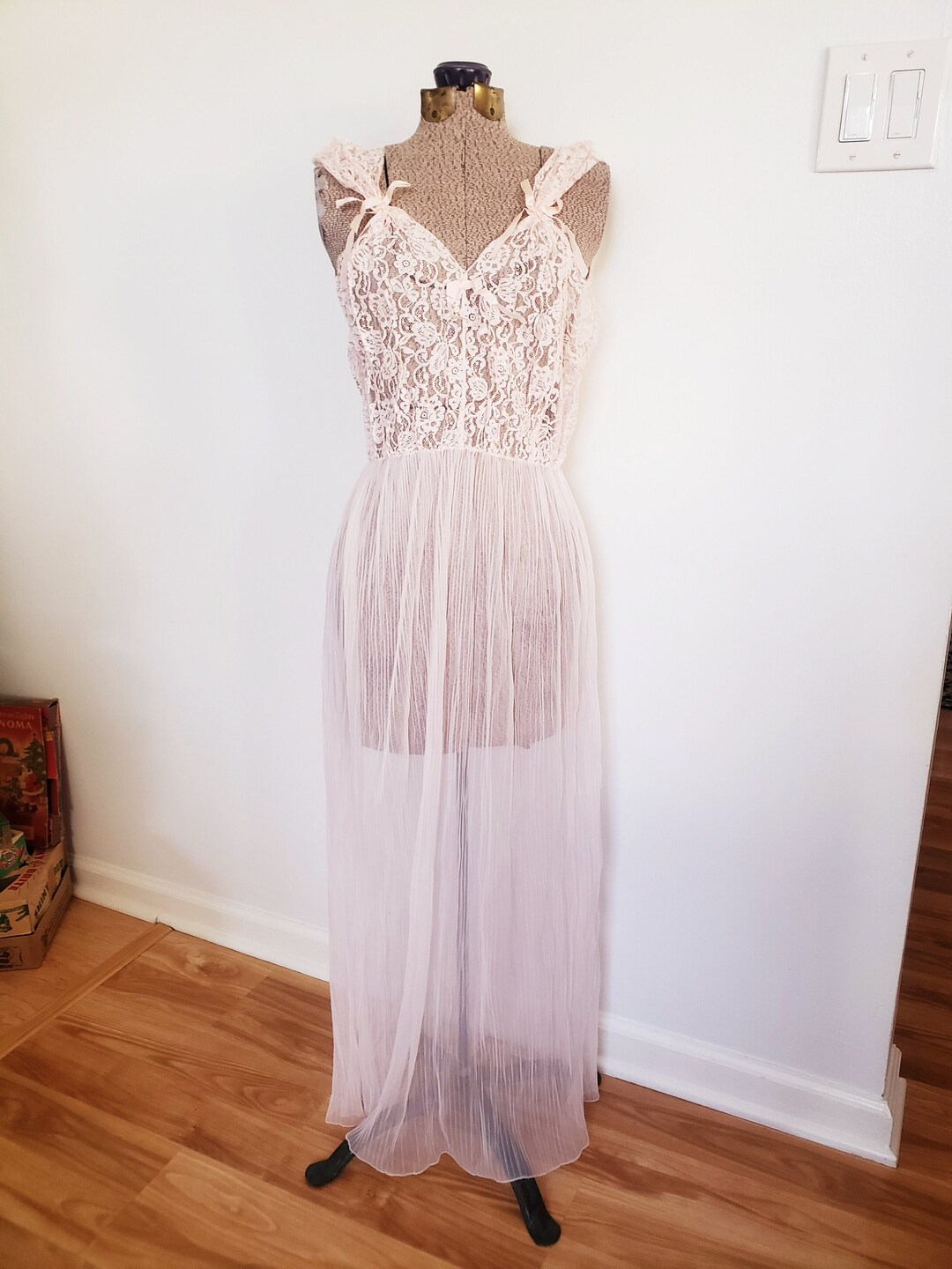 Vintage Powers Model Pastel Pink Lace Sheer Full Length Negligee ...