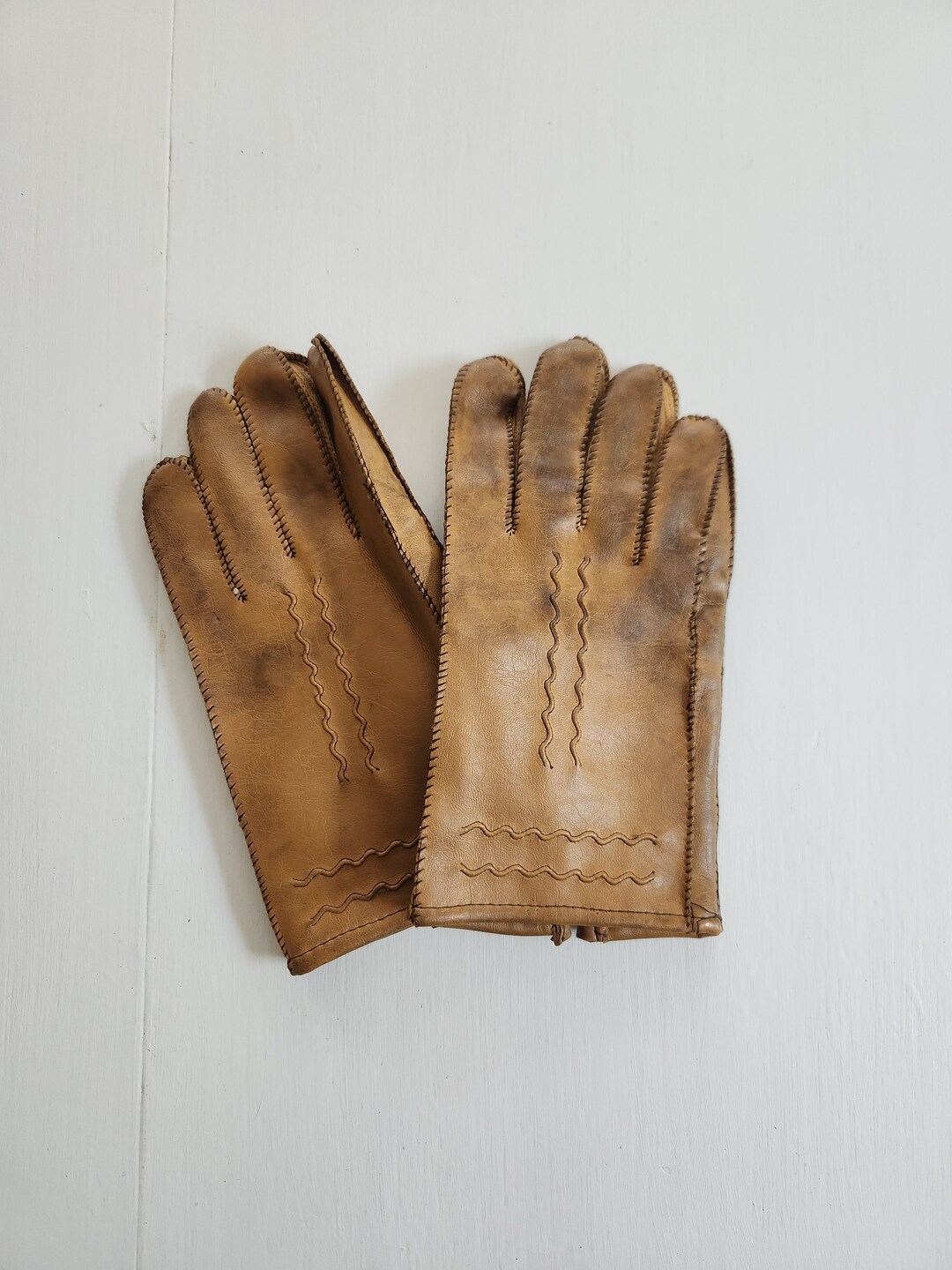 Vintage Brown Leather Knit Gusset Finger Gloves - Large / Mens Size ...