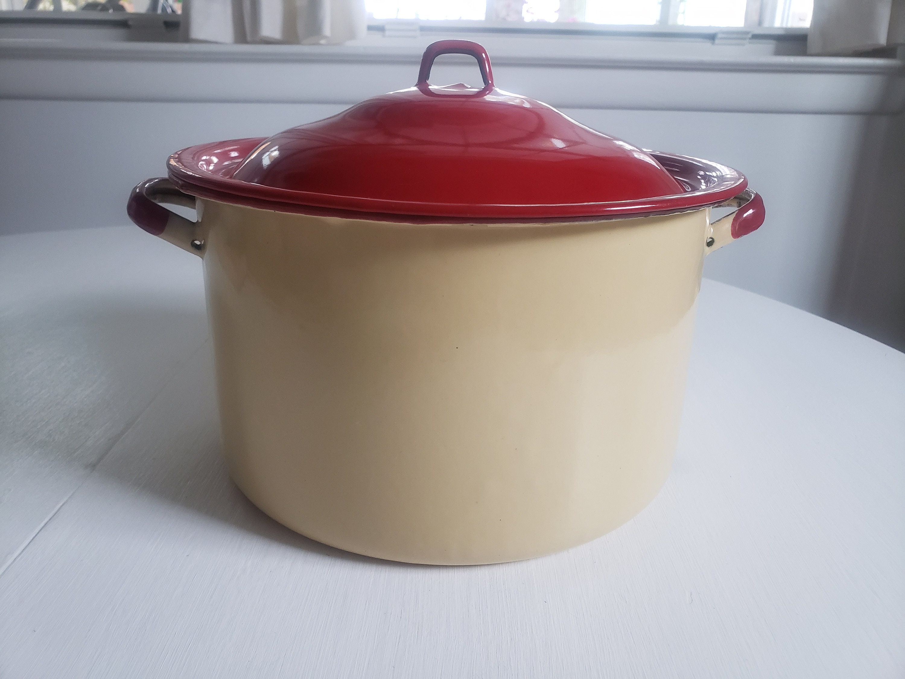 Vintage Red & Cream Yellow Enamel Pot With Lid --- Retro Colorful ...
