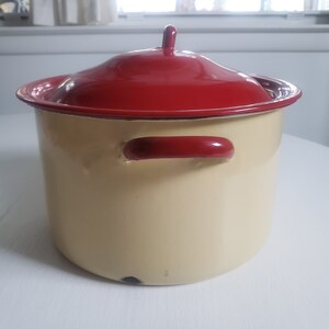 Vintage Red & Cream Yellow Enamel Pot With Lid --- Retro Colorful ...