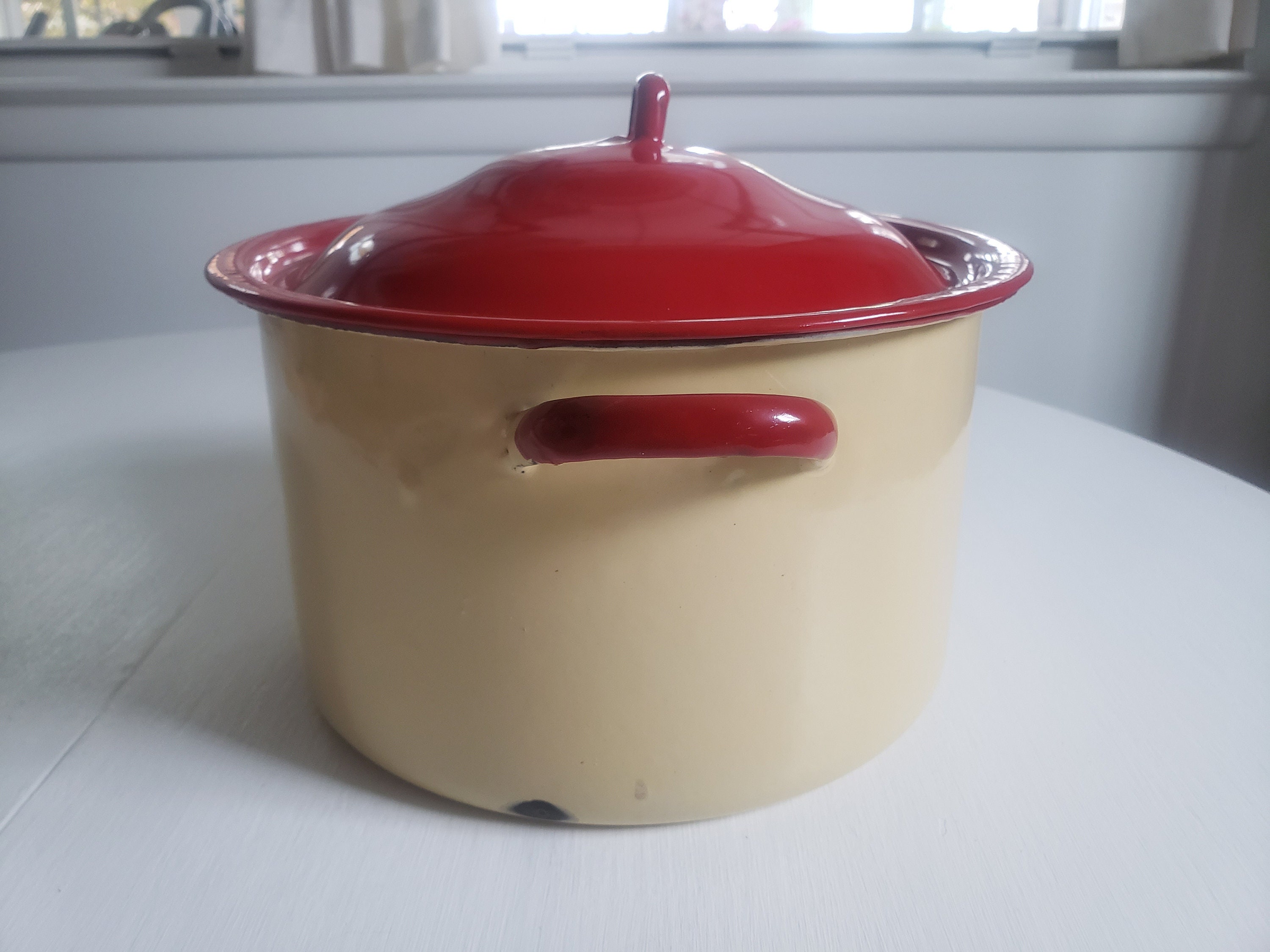 Vintage Red & Cream Yellow Enamel Pot With Lid --- Retro Colorful ...