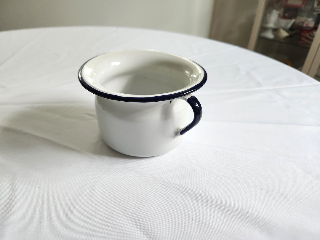 Vintage White & Navy Enamel Chamber Pot Antique Enamelware Potty Baby ...